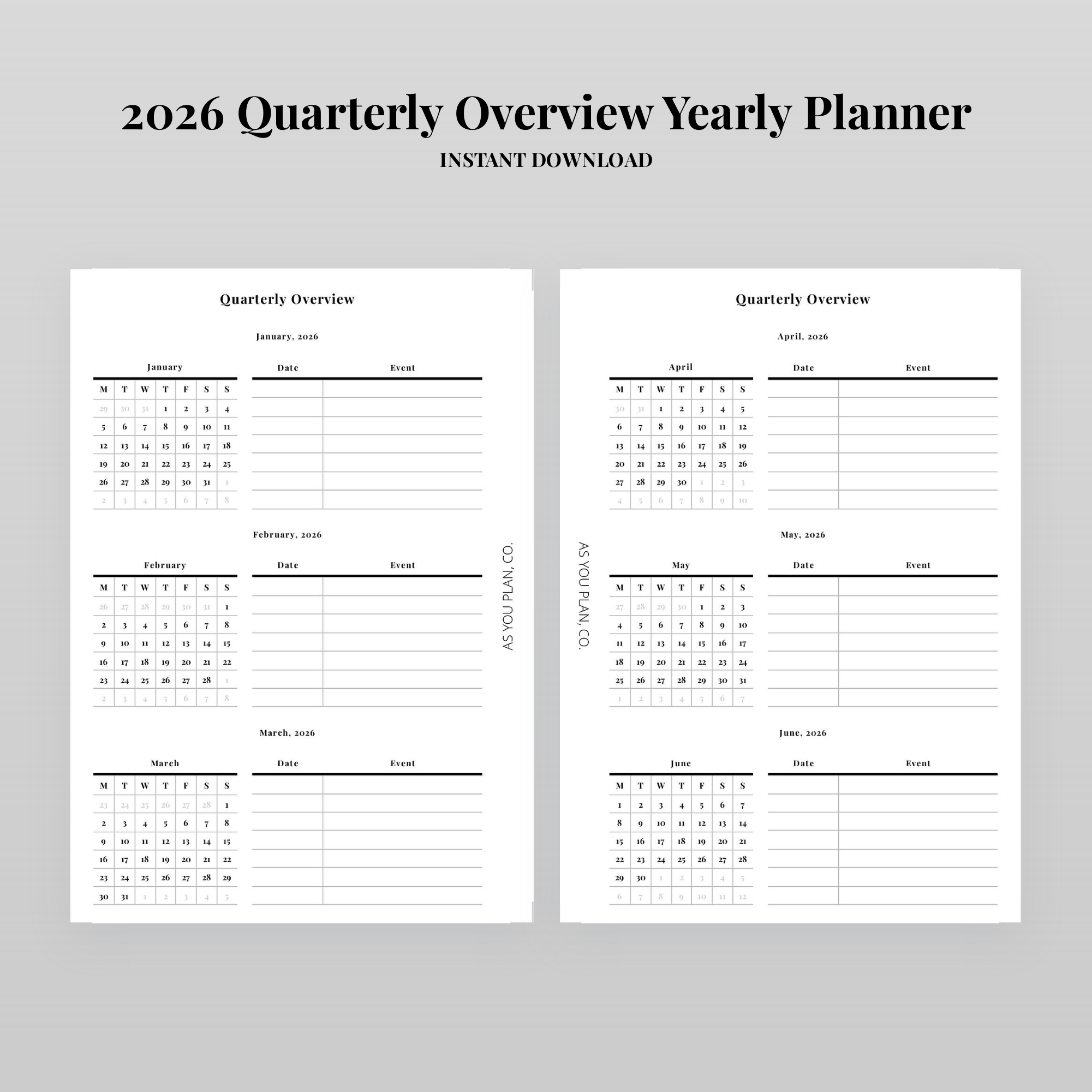 2026 Quarterly Overview Planner | A5 and Letter Printable Insert with ...