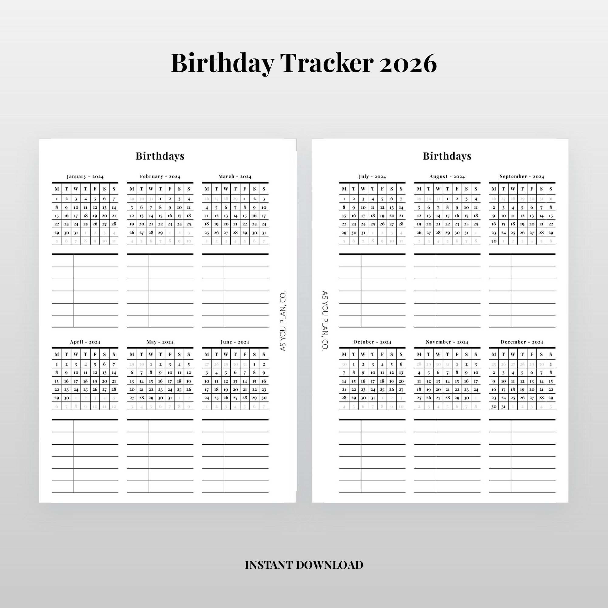 Birthday Tracker Insert | A5 and Letter Printable Planner Page with Cu ...